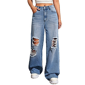 SweatyRocks Women's High Waist Distressed Ripped Baggy Loose Denim Jeans Blue S