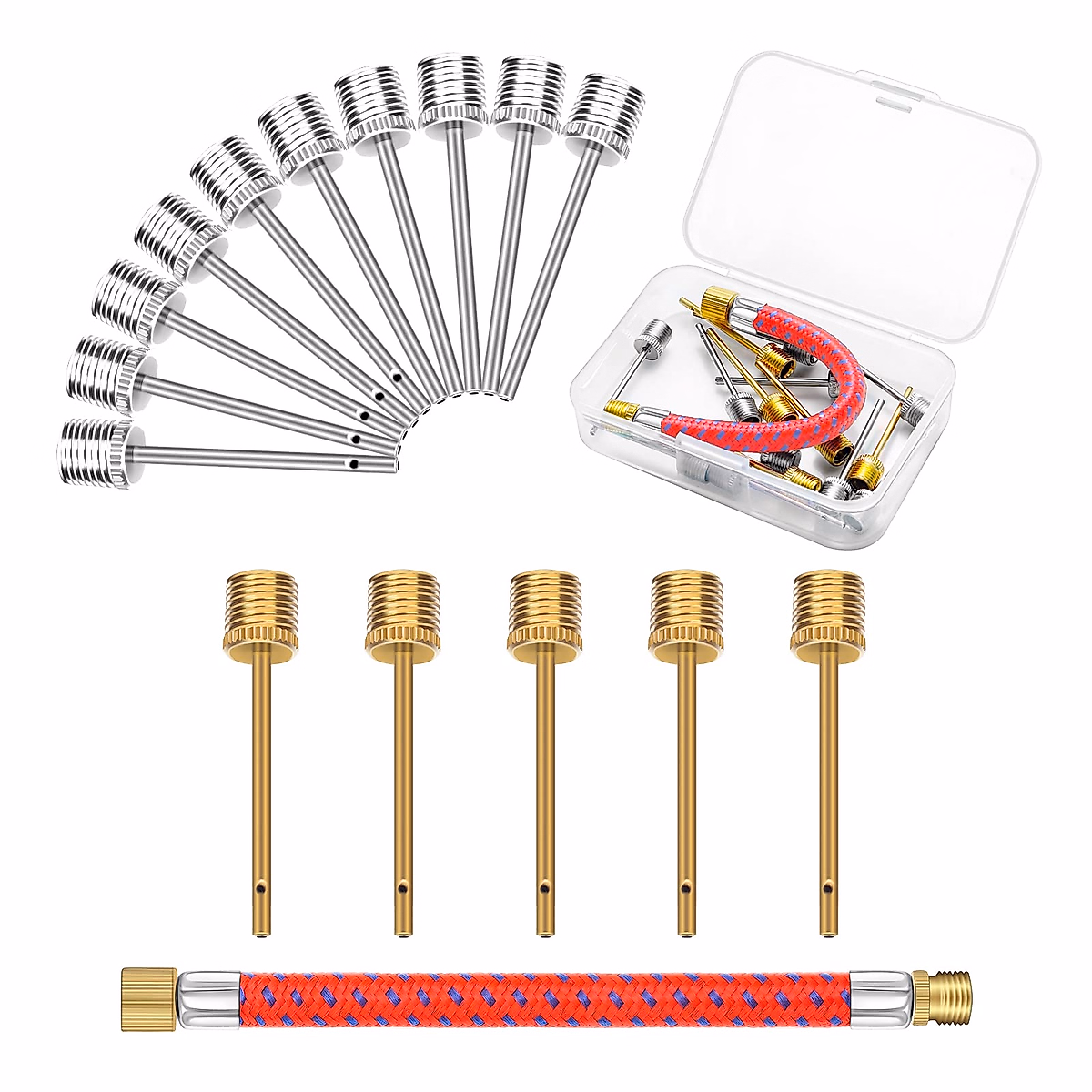 16PCS Air Pump Needle, Dual-Port Inflation Needles, Air Inflation Needle for Football Basketball Soccer Ball Volleyball Rugby Balls and Other Sports Balls Replacement Needles with Portable Storage Box