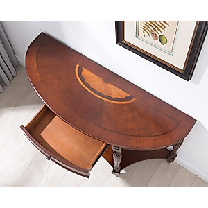 Solid Wood Semi-Circle Sofa Table with Drawer, 45.3" Traditional Living Room Console Table with Open Bottom Shelf 2-Tier Vintage Elliptical Entry Table for Home Office,Cherry Walnut SFZ1533