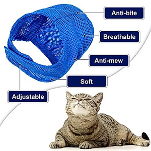 5 Pieces Cat Bathing Bag Set Cat Grooming Bag Adjustable Pet Shower Net Bag Cat Muzzles Anti-Bite Anti-Scratch Nail Clipper Tick Remover Tool Massage Brush for Pet Bathing Cleaning Trimming (Blue)