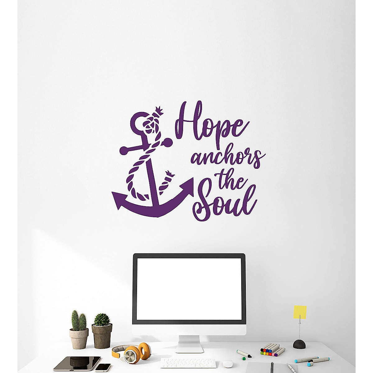 Hope Customized Vinyl Wall Decal - Customized Nautical Inspirational Quote - Hope Anchors The Soul With Anchor Silhouette - Home Decoration for Family Room, Nursery, Bedroom, or Beach House - Removable Sticker