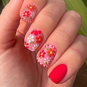 KKUUOO French Tip Press on Nails Square Fake Nails Medium False Nails with Colorful Flower Designs Cute Press on Nails Full Cover Acrylic Nails Stick on Nails Glossy Glue on Nails for Women 24Pcs