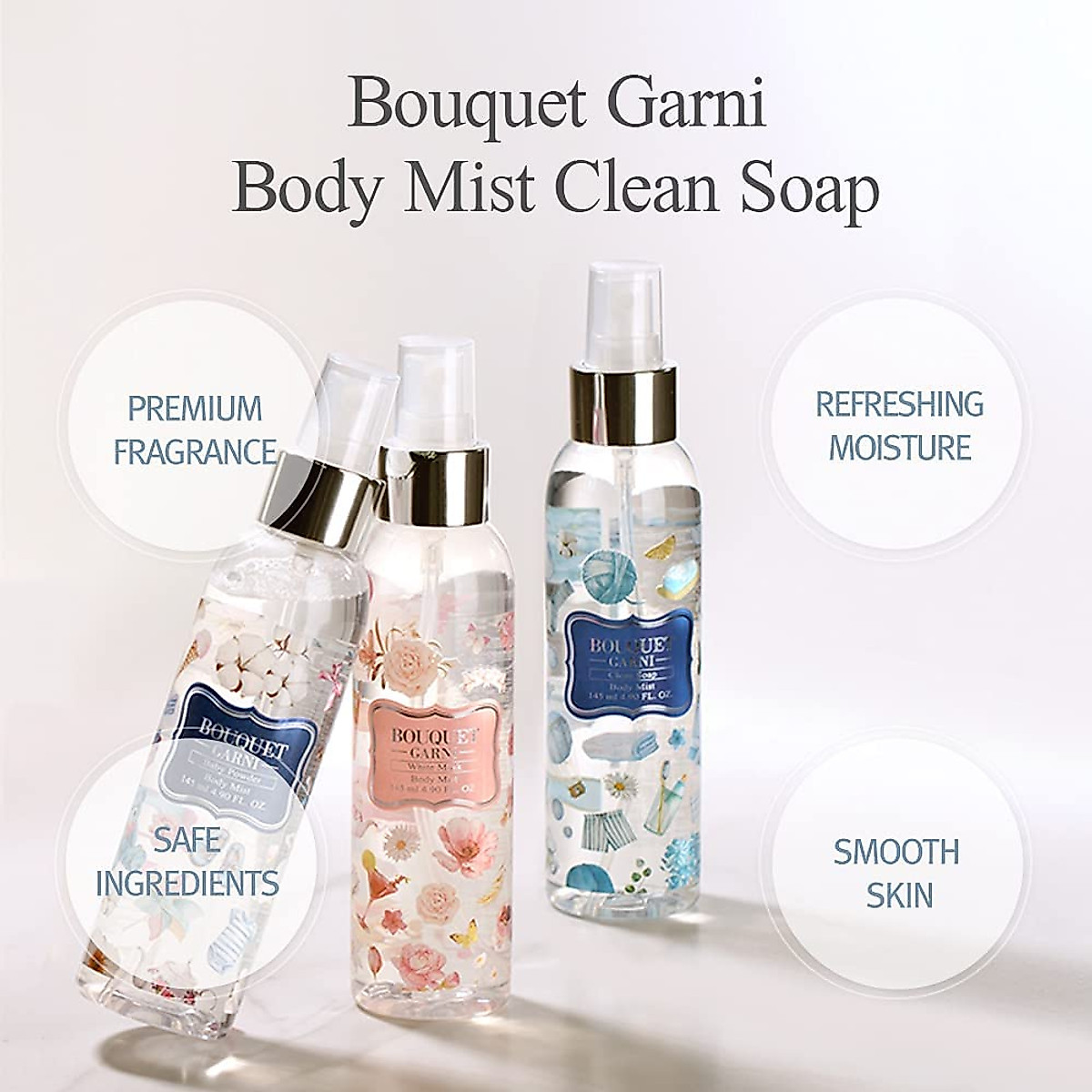 Bouquet Garni Hair & Body Mist Clean Soap Fragrance - Long-lasting Moisture & Fragrance, Mist for Women, Low Irritation (Containing Vitamin E, Citrus Acid) - 4.9 oz