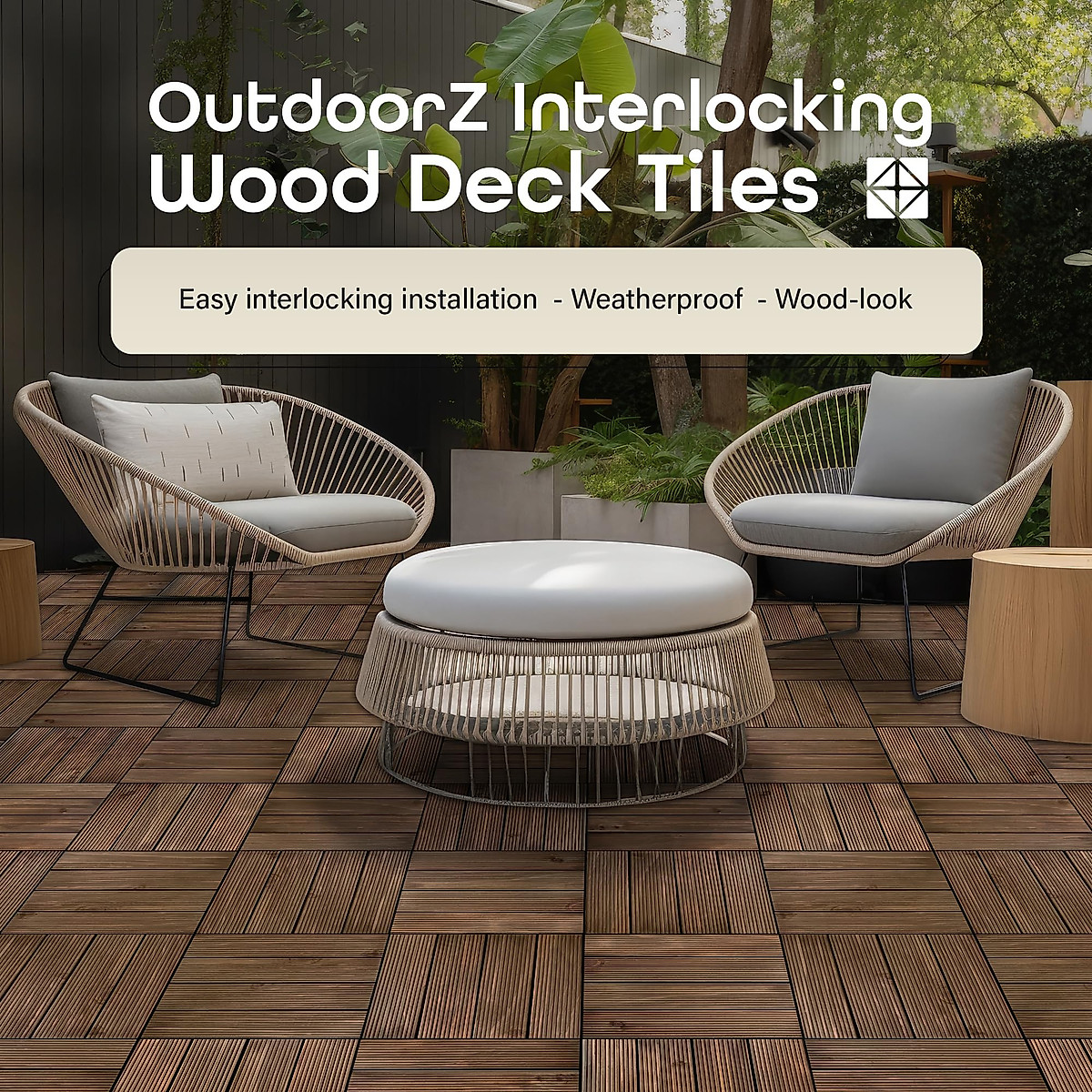 OutdoorZ Interlocking 12-Inch Deck Tiles, 27 Tiles - 12" x 12", Plank Royal Mahogany - DIY Weatherproof Patio Tiles -Durable Deck Flooring for Outdoor & Indoor Use by Achim Home Decor