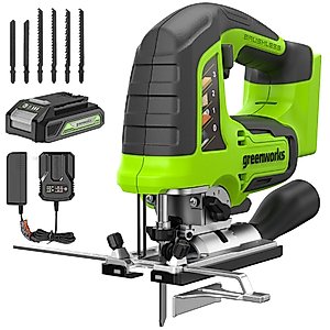 Greenworks 24V Brushless Cordless Jig Saw,3000 SPM,1 Inch Stroke Length Jigsaw with 6PCS Blades,4 Orbital Settings,45 Degree Cutting Angle,Tool-Free Blade Changing