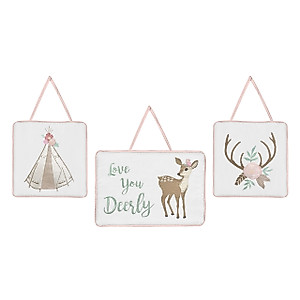 Sweet Jojo Designs Blush Pink, Mint Green and White Boho Watercolor Woodland Deer Floral Baby Girl Crib Bedding Set - 11 Pieces