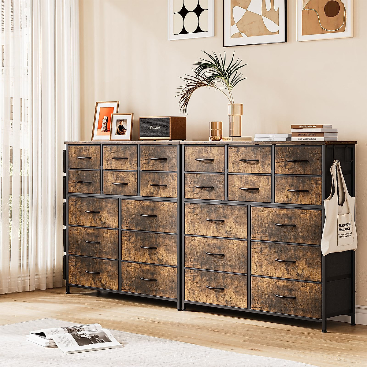 12 Dresser for Bedroom, Chest of Drawers for Bedroom with Side Pockets and Hooks, Fabric Storage Dresser, Sturdy Steel Frame, Wood Top, Easy Pull Handle (Rustic Brown)