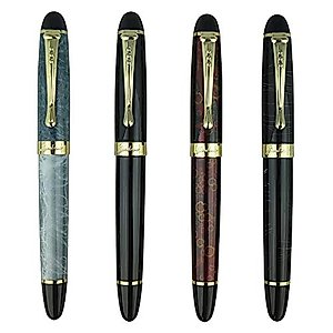 Jinhao 4 PCS X450 Fountain Pen Set, 4 Colors (Blue, Black, Red, Ice Cracks), Medium Nib With Ink Converter, Golden Trim, Gift Case