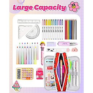 Trendy Fun for Large Pencil Case Big Capacity 3 Compartments Pencil Pouch Cute Cartoon Design Aesthetic Pen Bag with Zipper for Girls Teens Estuche para Lapices Sticker +Pen+ ID Badge Holder+Lanyard