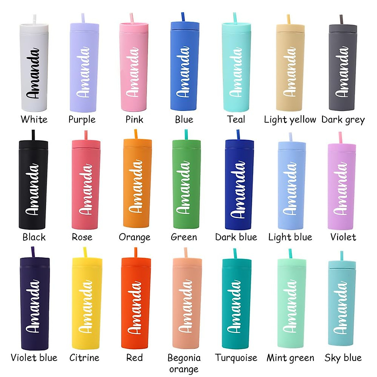 Personalized Tumbler with Same Lid and Straw, 20 Colors - 16 oz Skinny BPA Free Tumblers, Customized Tumbler with Name, Bridesmaid Gifts, Wedding Gifts, Birthday Gifts for Women Girls