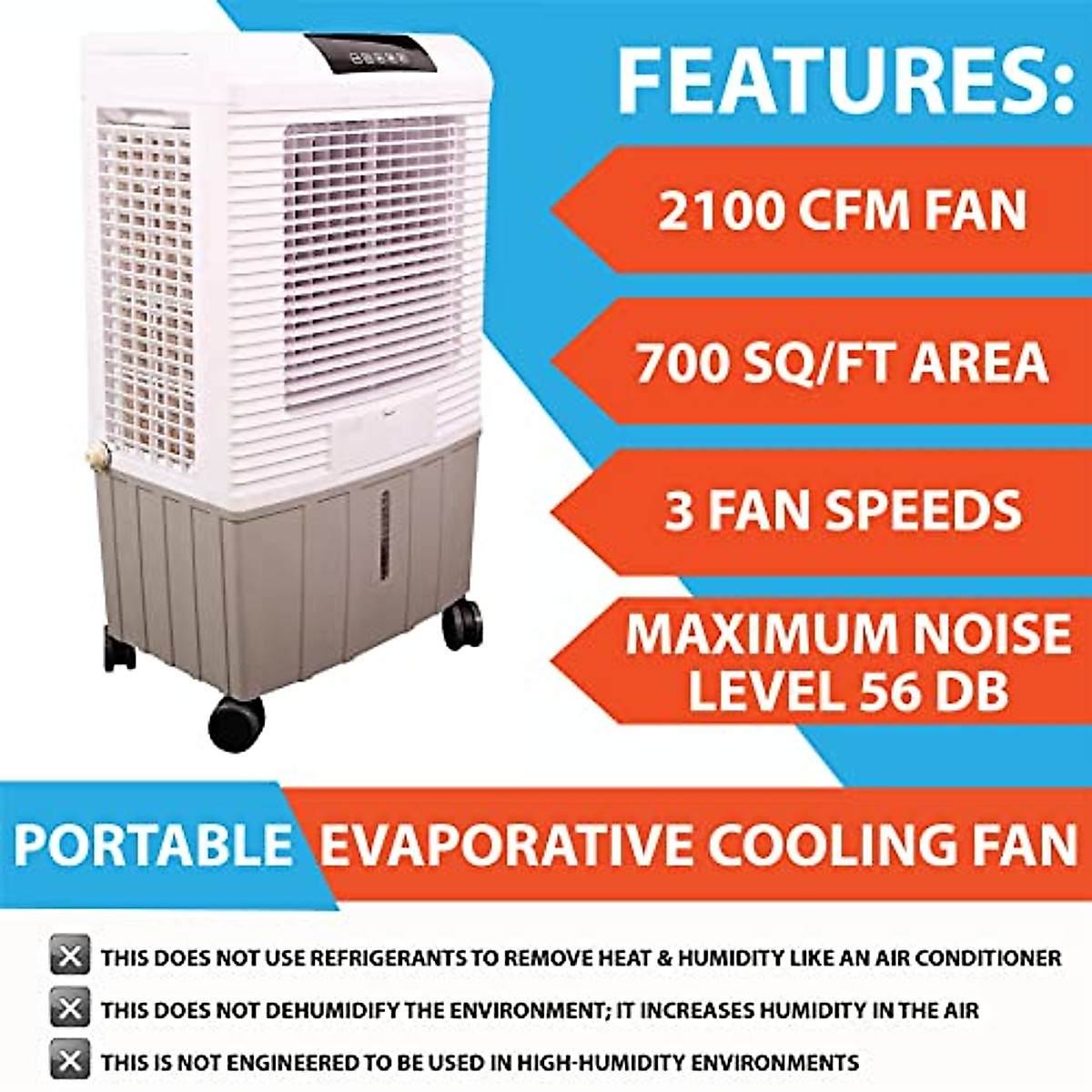Hessaire MC26A Portable Evaporative Cooler, Humidifier, 2100 Cubic FPM, Cools 700 Sq. Ft., 2.5 GPH, White. For Garages, Shops, Patios, Pools, Workshops, Includes Remote Control for Ease of Operation