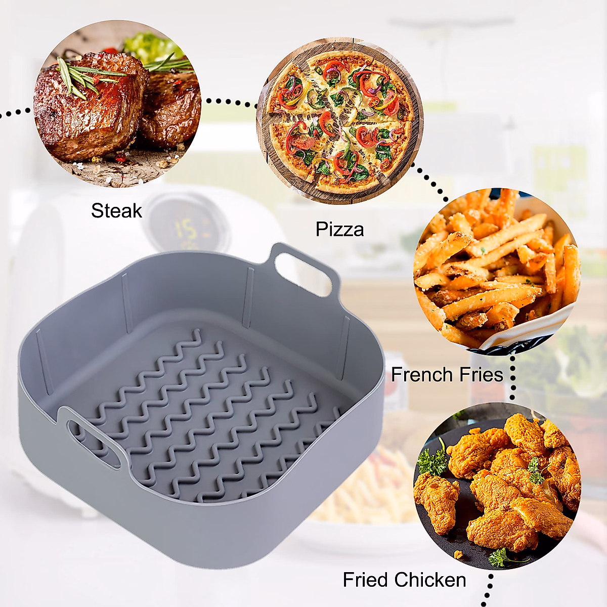 2pcs Air Fryer Silicone Liners Pot Basket 8 Inch Food Safe Non Stick Air Fryer Accessories Reusable Replace Parchment Air Fryer Liner Paper, Fits 3.6 To 6.8QT Air Fryer Square with Heat-proof Gloves