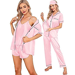 SWOMOG Womens Silk Satin Pajamas Sets 7pcs Sleepwear Sexy Cami Shorts Set and Button Down Short Sleeve Pj Loungewear Pink