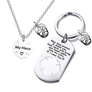 FUSTMW Firefighter Gift Keychain Necklace Matching Set Fireman Jewelry Gift for Firefighter Wife, Girlfriend, Mom, Daughter May God Protect You from Harm (silver)
