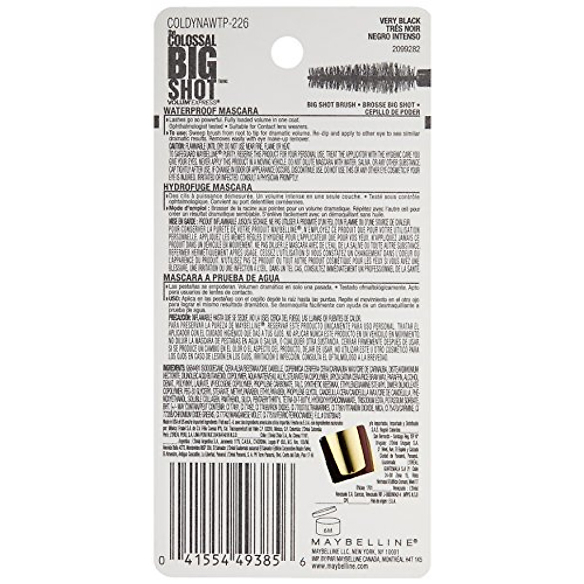 Maybelline New York Volum' Express The Colossal Big Shot Waterproof Mascara, Very Black, 0.32 fl. oz., 1 Count (Pack of 1), (I0097470)