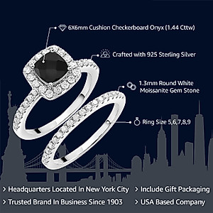 Gem Stone King 925 Sterling Silver Black Onyx and White Moissanite Wedding Engagement Ring Band Bridal Set For Women (1.44 Cttw, Gemstone Birthstone, Available In Size 5, 6, 7, 8, 9)