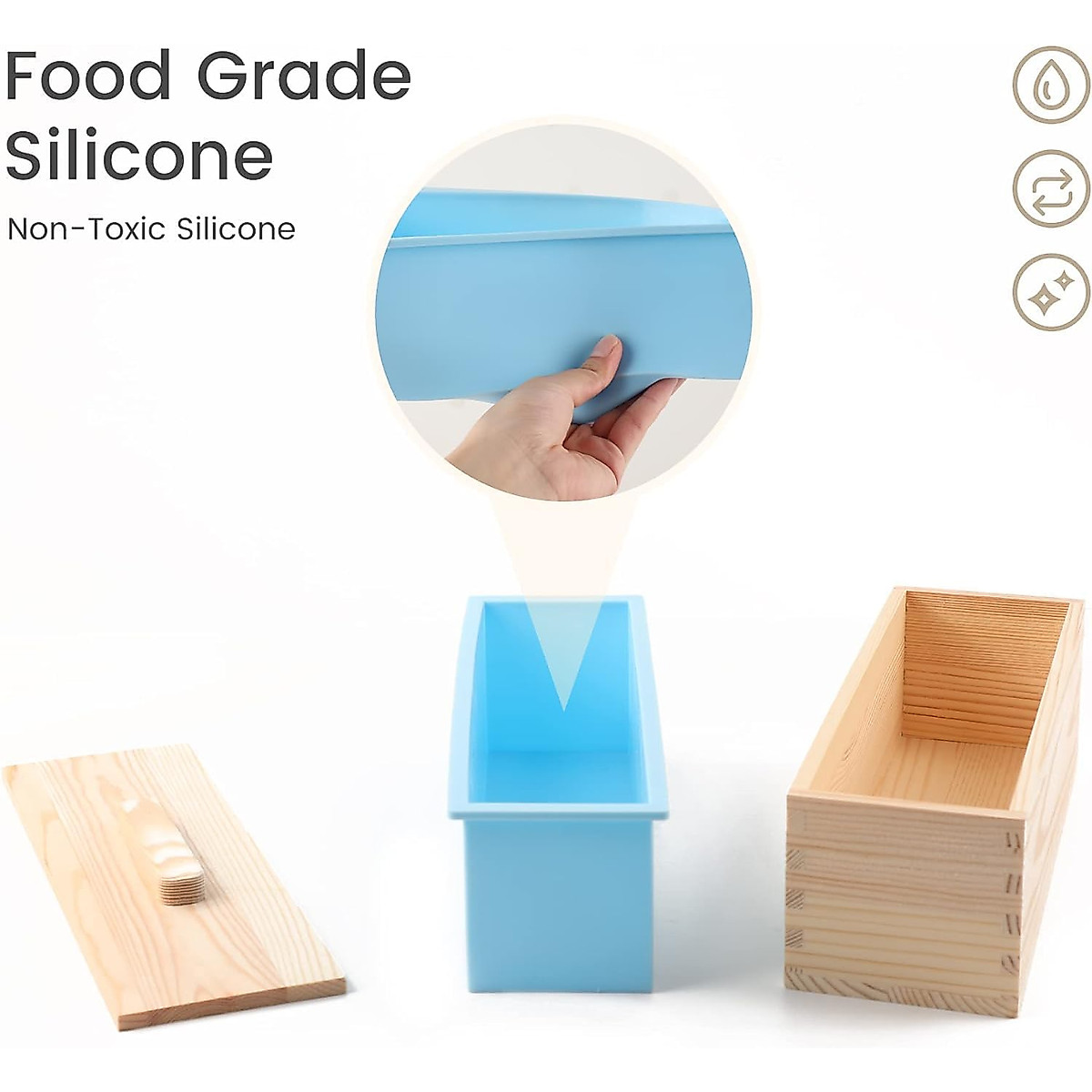 DOYOLLA Silicone Soap Loaf Molds Wood Box + Stainless Steel Wavy + Straight Cutters, 41oz, Random Color