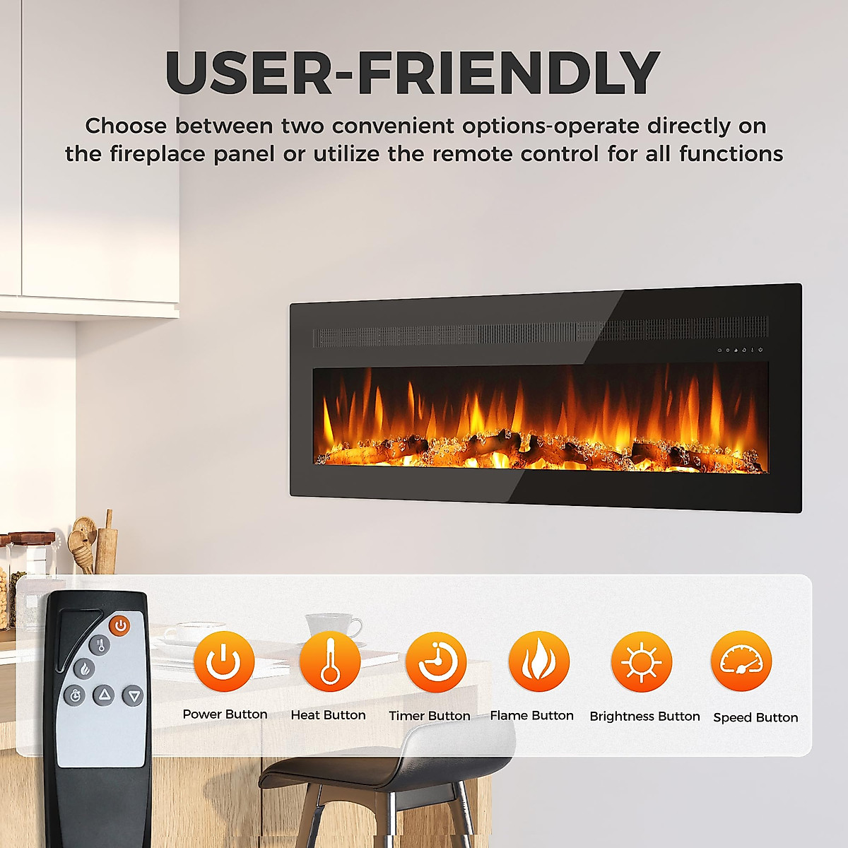 60 inches Electric Fireplace, Recessed and Wall Mounted Fireplace, Adjustable 20 Flame Colors and 5 Speeds, Remote Control & Touch Screen with Timer, Linear Fireplace W/Thermostat, Black
