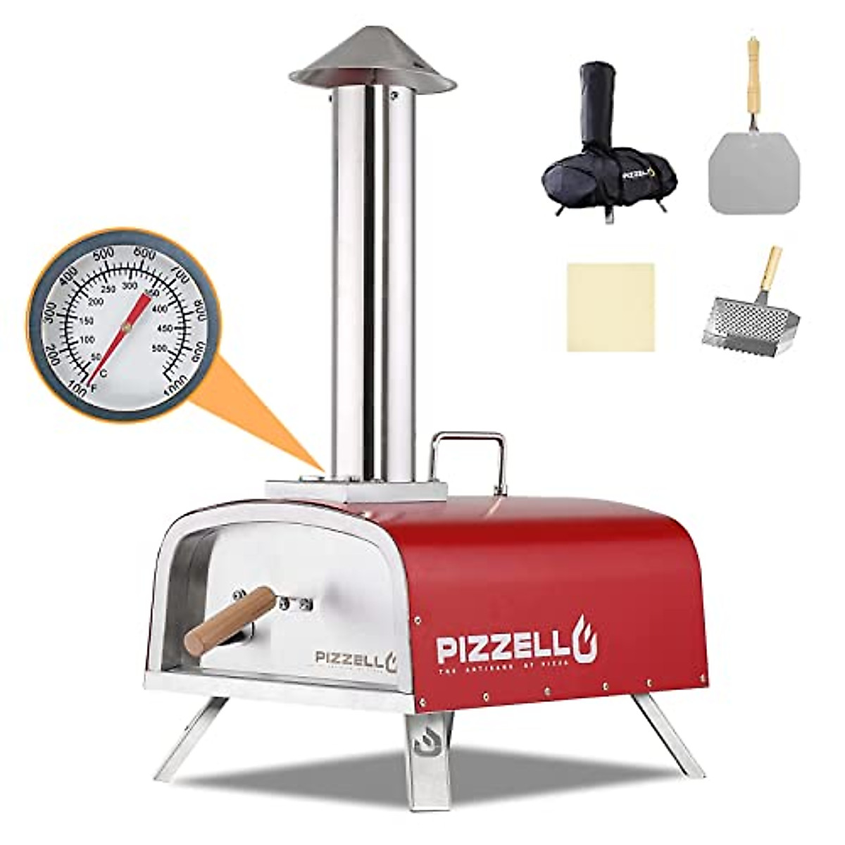 PIZZELLO Portable Pellet Pizza Oven Outdoor Wood Fired Pizza Ovens Included Pizza Stone, Pizza Peel, Fold-up Legs, Cover, Pizzello Forte (Red)