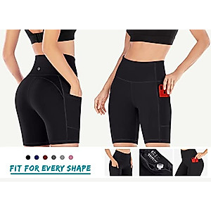 Ewedoos Biker Shorts Women Tummy Control Workout Shorts with 3 Pockets High Waisted Compression Gym Running Yoga Shorts Women Black