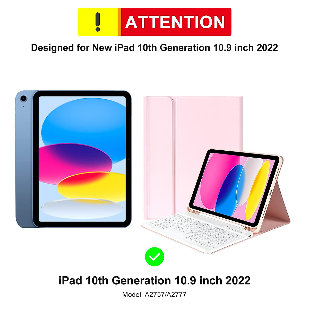 TQQ iPad 10th Generation Case with Keyboard (10.9", 2022),iPad Keyboard Case for 10.9" 10th Gen, Detachable - Pencil Holder - Flip Stand Cover - Keyboard Case for iPad 10th Gen Pink