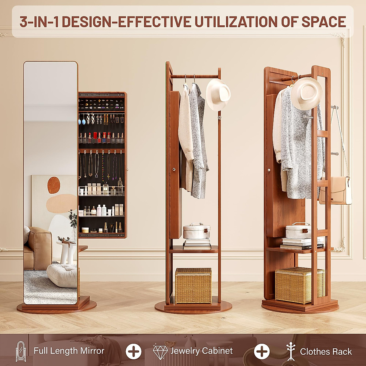 LVSOMT 360° Swivel Jewelry Armoire, Rotatable Full Length Mirror with Jewelry Storage, Standing Jewelry Cabinet with Coat Rack, Walnut, Soild Wood