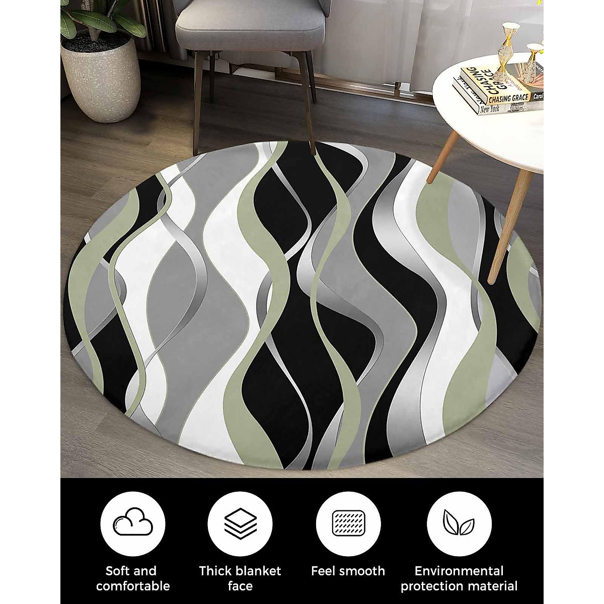 Sage Green Stripes Fluffy Round Area Rug Carpets 4ft, Plush Shaggy Carpet Soft Circular Rugs, Non-Slip Fuzzy Accent Floor Mat for Living Room Bedroom Nursery Decor Modern Geometric Black Grey White