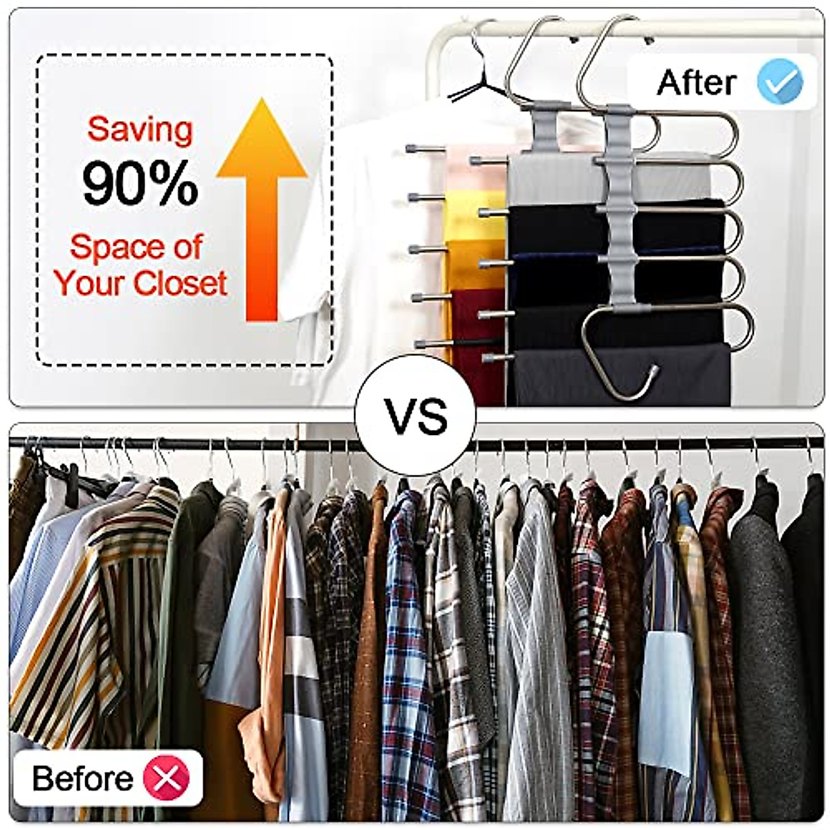 Pants Hangers Space Saving-2 Pack Multiple Layer Pants Hangers for Closet Organizer Multifunctional Pants Rack Hangers for Jean Leggings Scarf Closet Hangers Space Saver(2 Pack with 10 Fixed Clips)