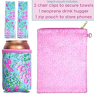 Lilly Pulitzer Water Resistant Vinyl Beach Day Pouch - Includes Drink Hugger, Zip Pouch, and Towel Clips, Best Fishes
