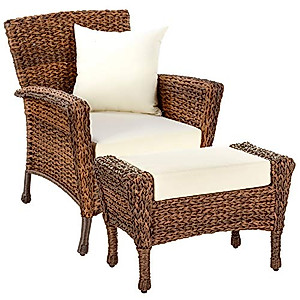 WUnlimited Rustic Collection Outdoor Garden Patio Light Brown Rattan Wicker Furniture Set Deep Seating Aluminum Frames Coffee Table (1 Chair, 1 Ottoman)