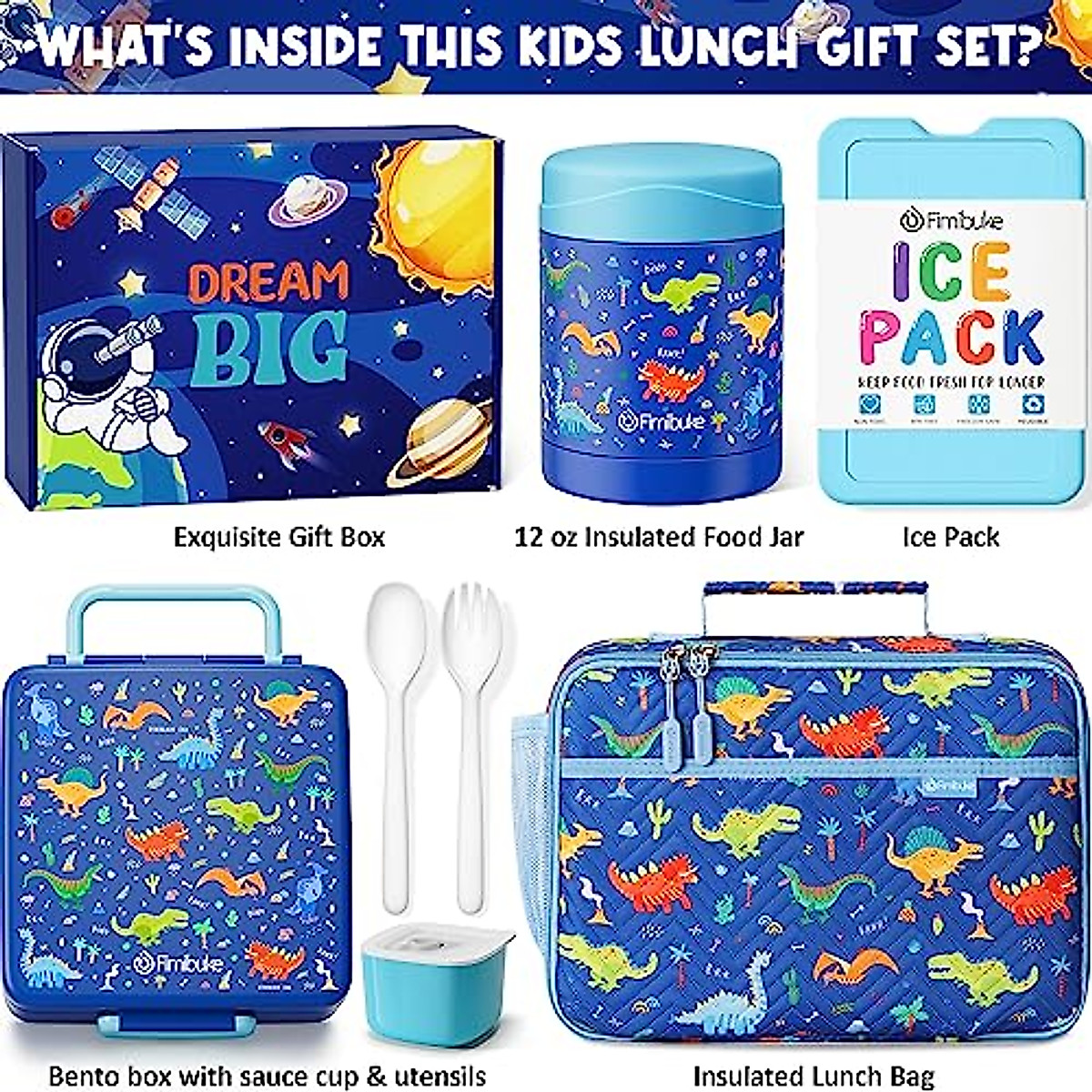 Fimibuke Kids Bento Lunch Box with 4 Compartments, Insulated lunch Bag, Stainless Steel Vacuum Thermos Food Jar, Ice Pack & Utensils Set, Birthday Gifts for Aged 3-12 Back to School Toddler Girls Boys