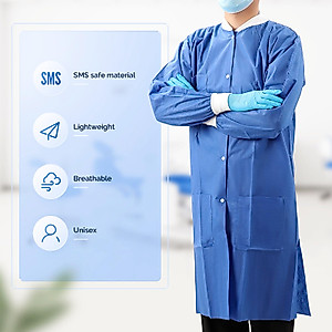JMU 10 Pack Disposable Lab Coats for Adult Large, SMS Medical Lab Jacket Knee Length with Knit Cuff & Collar, 3 Pockets
