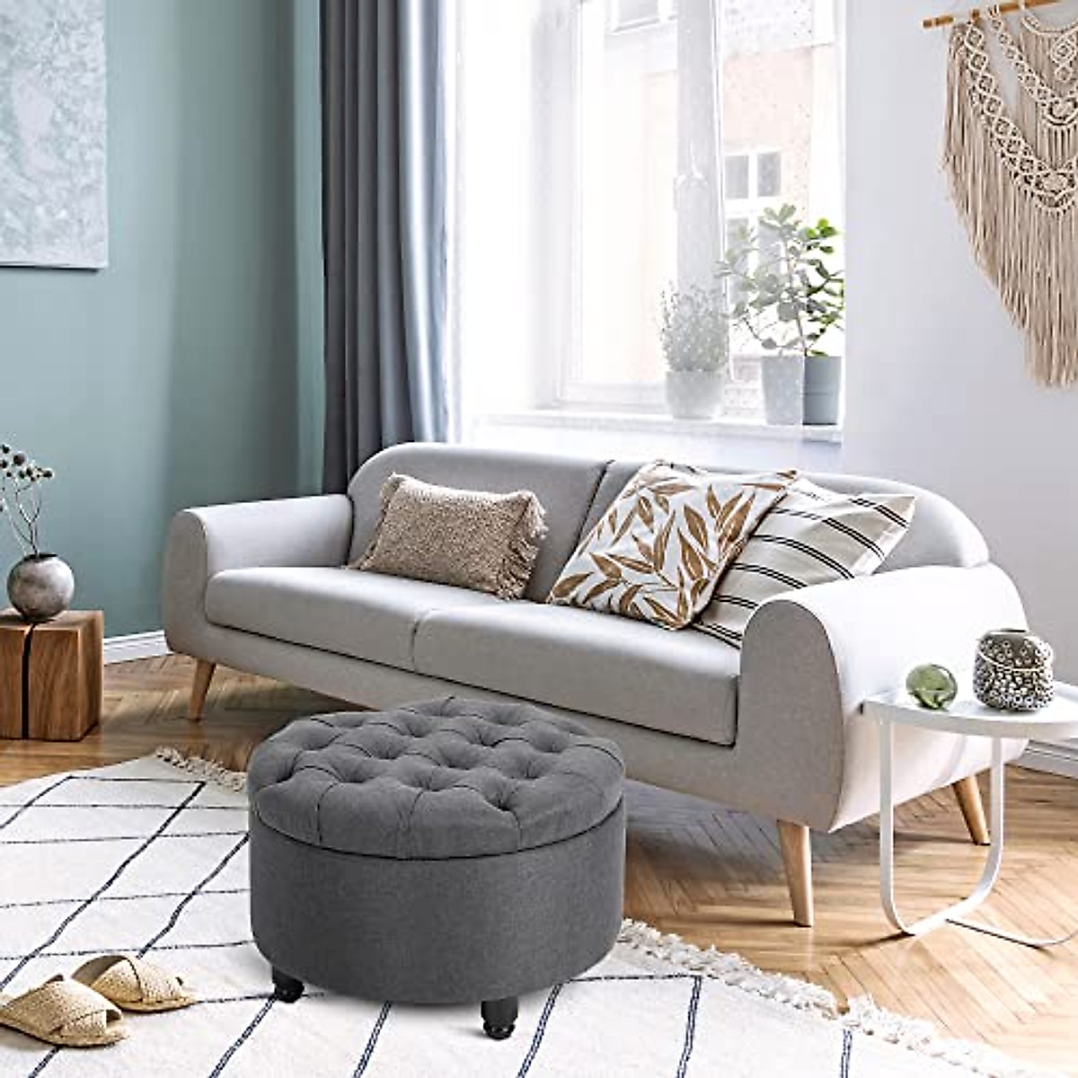 HOMCOM Round Linen-Touch Fabric Storage Footstool Ottoman Button Tufted Footrest with Removable Lid, Grey