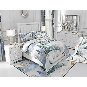 Homewish Winter Deer Comforter Set Queen Size,Christmas Snow Pine Quilt Set 3pcs,Kids Boys Girls Adults Room Decor,Wild Animals Plants Bedding Set New Year Gifts Duvet Insert,2 Pillowcases