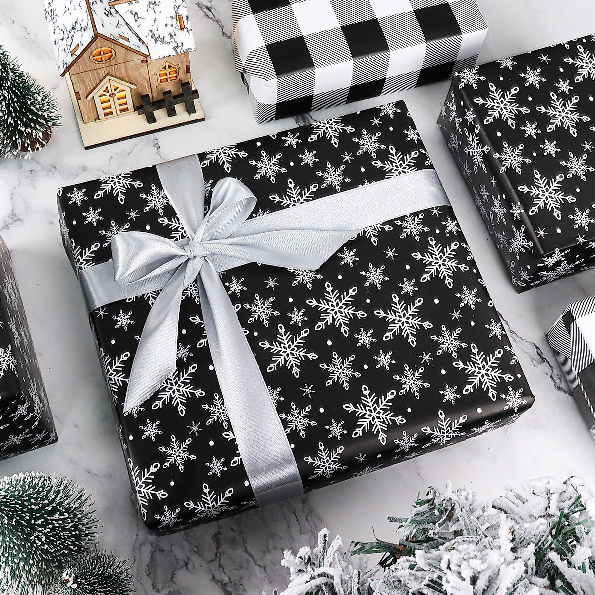 FIEHALA Reversible Christmas Wrapping Paper Jumbo Roll - Black Buffalo Plaid & Snowflakes Patterns - 30 inches x 100 Feet