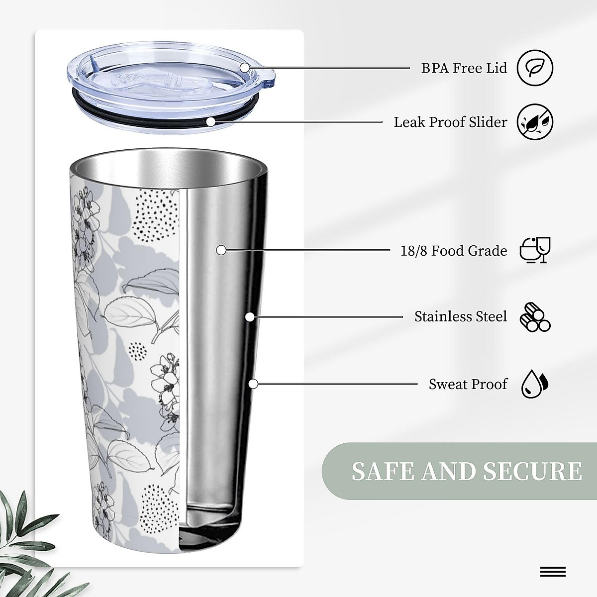 JASROTAO Gray Flower Tumbler,Flowers 20oz Stainless Steel Insulated Travel Tumbler,Travel Coffee Mug with Lid and Straw Water Bottle Drink Tumbler Cups Gifts for Women Men Lovers