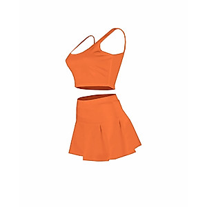Sexy Sports 2 Piece Outfits - Slim Tank Crop Top High Waist Tennis Golf Pleated Skirt Bodycon Athletic Suit Orange M