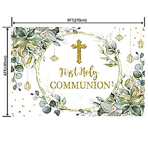 Wollmix 1st First Communion Baptism Decorations Backdrop 9x6ft God Bless Holy Communion Banner Christening Gold Dots Green Leaves Photography Background Baby Shower Banner Photo Booth Props