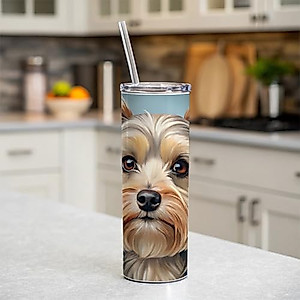 Morkie Dog Illustration Skinny Tumbler 20oz with Straw Insulated Water Bottle Gift