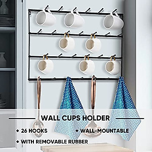 Wall Mount Coffee Mug Holder, Wrought Iron Coffee Tea Cup Hanging Rack Display Organizer Space Saving Mug Hanger with 30 Hooks for Home Kitchen Farmhouse Storage and Collection(4 Tier)