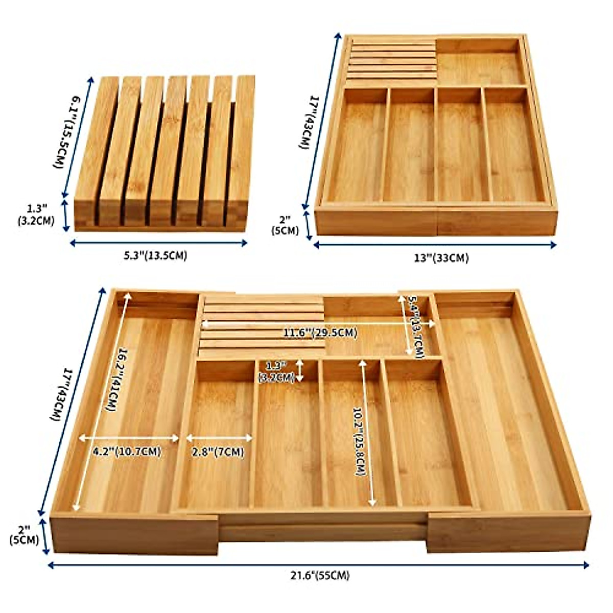 Bamboo Silverware Tray for drawer, Expandable/Adjustable Drawer Dividers (6 Pack)