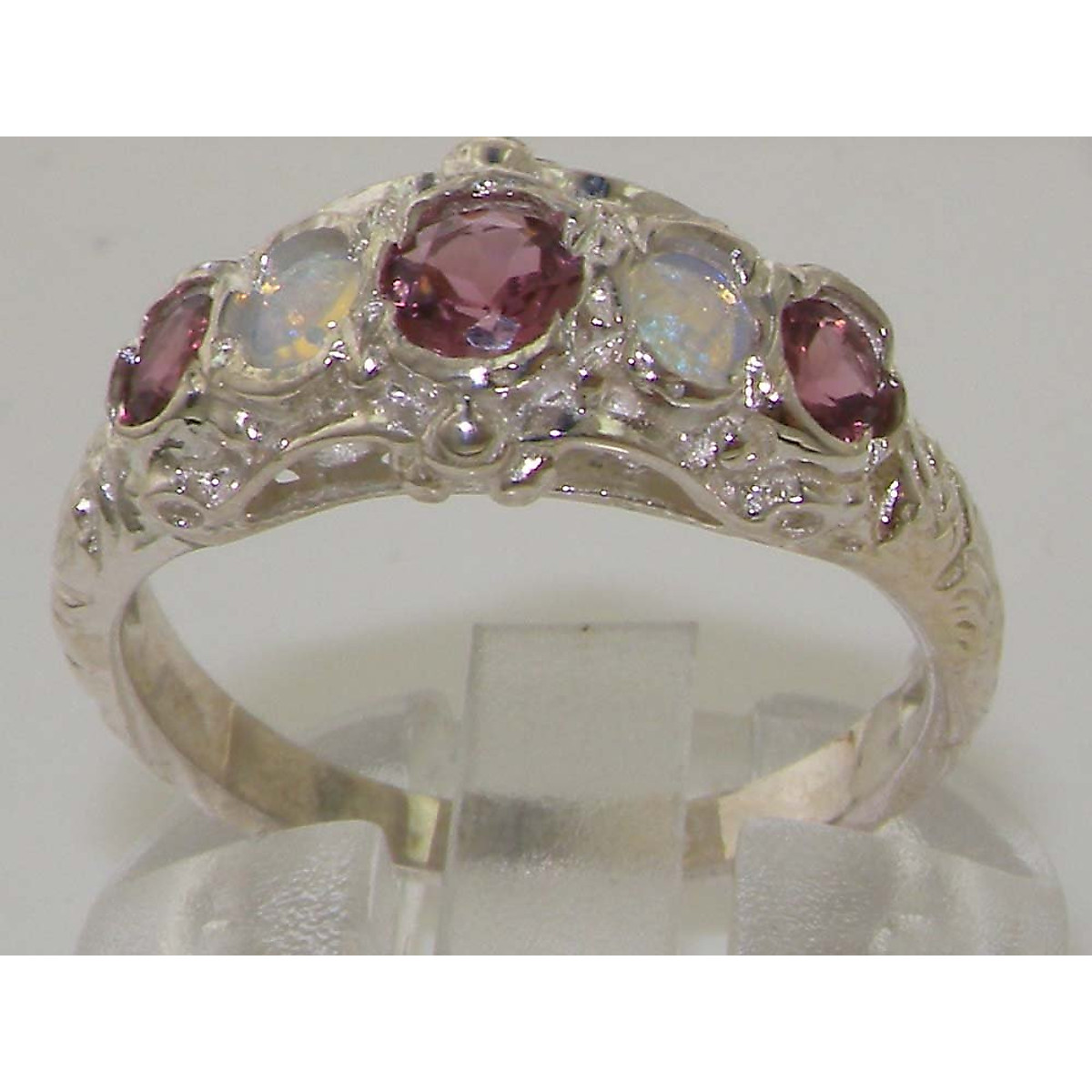 LetsBuyGold 925 Sterling Silver Natural Pink Tourmaline and Opal Womens Band Ring - Sizes 4 to 12 Available