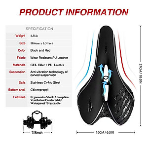 Sanctus Comfortable Bike Seat Men Women Gel Bicycle Saddle Padded Replacement Comfort Road Exercise Bikes Cushion with Waterproof Cove for MTB Mountain Bike Road Bike Exercise Bike