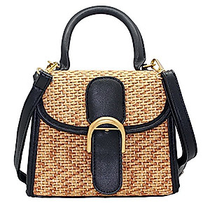 boshiho Retro Straw Woven Handbag Womens Small Cross Body Bag Shoulder Messenger Satchel (Black)