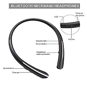 Retractable Bluetooth Headphones Neckband, Wireless Headsets Stereo Earbuds Earphone Noise Canceling with Mic Compatible with iPhone,Samsung,Android,iPad,PC