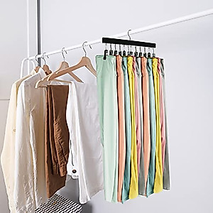 Pant Organizer for Closet, Knaive 2 Pack Pants Hangers Space Saving with 24 Strong Grip Clips Holds Leggings/Jeans/Hats/Wigs, Closet Organizer and Storage, Black Wood Hanger for Women Gift