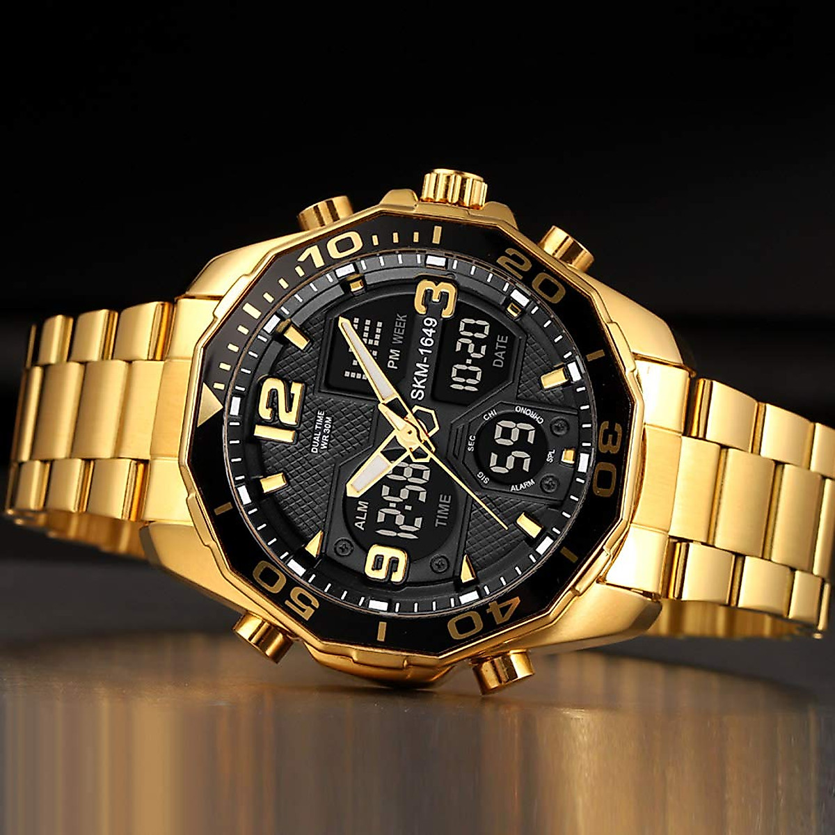 VIGOROSO Mens Watches Multi Times Military Gold Watch Chronograph Digital Analog Stainless Steel Wrist Watch for Men/Gents Waterproof