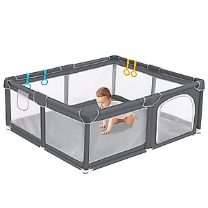 BRIAN & DANY Extra Large Baby Playpen, 59"x71" Play Yard for Babies and Toddlers with Gate, Sturdy Safety Baby Fence with with Basketball Frame, Ocean Balls, Pull Rings and Handbag (Grey)