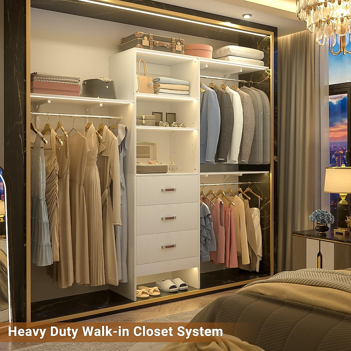 Girapow Closet System with 3 Wooden Drawers, 8 FT Closet Organizer System with Cutable Storage Shelves, Wall-mounted Closet System with 3 Adjustable Hanging Rods for Walk in Closet