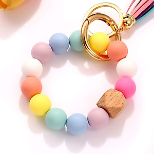 NVENF Silicone Bead Keychain Bracelet Large Keyring Elastic House Car Key Ring Wristlet Bangles(Rainbow)